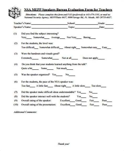 Free 10 Sample Speaker Evaluation Forms In Ms Word Pdf