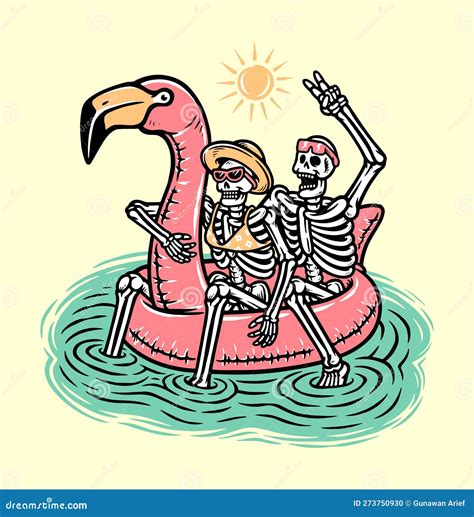 Skull Couple On The Flamingo Float In The Sea Stock Vector Illustration Of Doodle Scenery