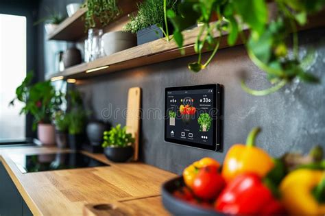 A Tablet Displaying Colorful Graphs Of Smart Home App Energy Usage Sits On Kitchen Counter Stock