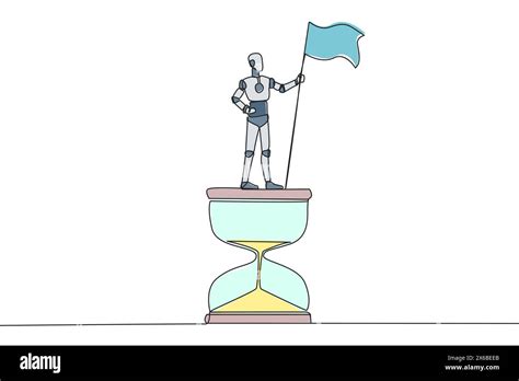 Single One Line Drawing Of Robotic Artificial Intelligence Standing On Giant Hourglass Holding