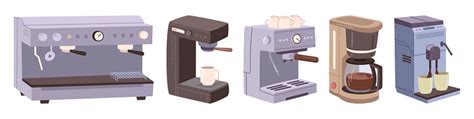 맛있고 향기로운 음료를 준비하고 양조하기위한 커피 장비 및 기계 제조업체 커피 숍 또는 카페 서비스 구색이있는 상점 플랫