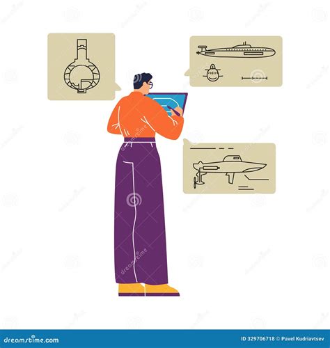 Vector Illustration With A Marine Engineer Working On Diagrams Of A Ship A Submarine Stock