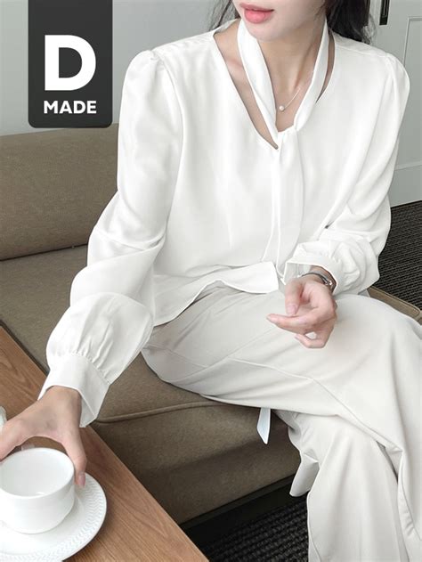 당당걸 Made 로렌 브이넥 퍼프 블라우스 스카프 세트 타이블라우스 하객룩