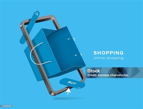 파란색 쇼핑백 및 구매 아이콘 또는 구매 버튼이 스마트 폰 화면에 표시됩니다 3차원 형태에 대한 스톡 벡터 아트 및 기타 이미지 3차원 형태 가방 개념 Istock