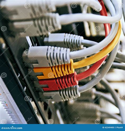 Patch Panel Server Rack With Gray Yellow And Red Cords Stock Photo Image Of Node Nerd