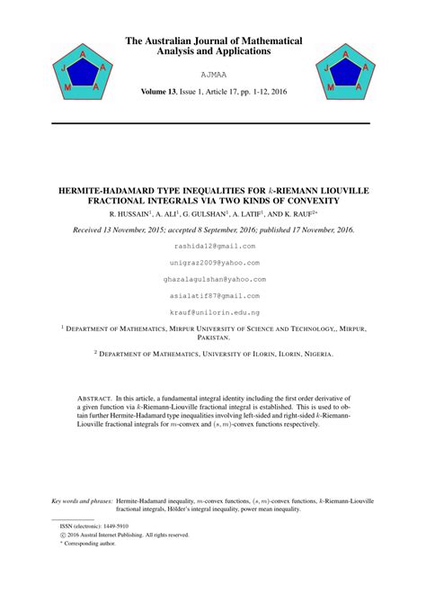 Pdf The Australian Journal Of Mathematical Analysis And Applications Ajmaa Hermite Hadamard