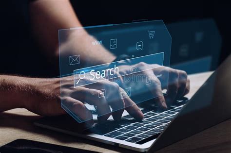 Internet Search In The Global Internet The Person Is Working Behind A Laptop And A Holographic
