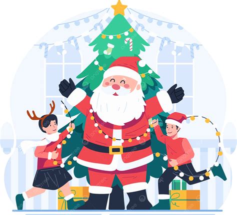 두 명의 즐거운 어린이와 나무가 있는 산타클로스가 등장하는 메리 크리스마스 컨셉 일러스트레이션 벡터 산타 클로스 크리스마스 삽화 Png 일러스트 및 벡터 에 대한