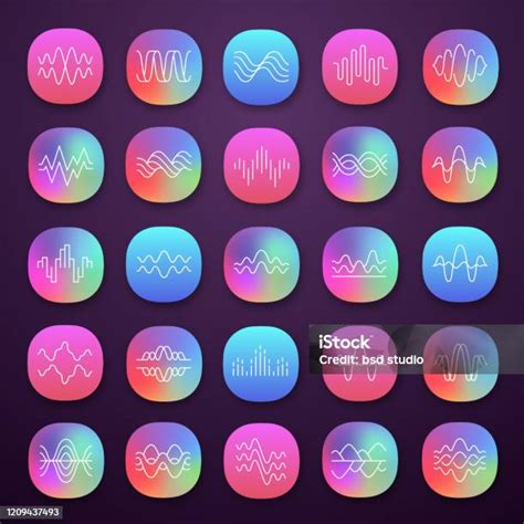 사운드 및 오디오 웨이브 앱 아이콘 세트 음악 디지털 곡선 음파 음성 녹음 무선 신호 진동 소음 수준 Ui Ux 인터페이스 웹