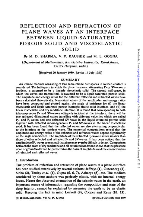 Pdf Reflection And Refraction Of Plane Waves At An Interface Between Liquid Saturated Porous