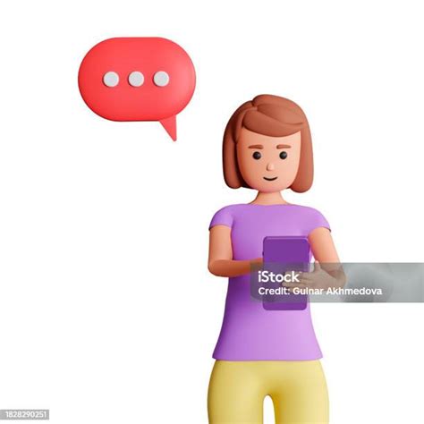 스마트 폰과 말풍선 3d 일러스트 하 고 흰색 배경에 고립 된 채팅하는 여자 휴대 전화와 텍스트 버블에 입력하는 3d 여성