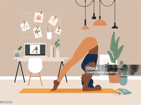 집에서 비디오 코스로 요가 운동을하는 젊은 흑인 여성 노트북 식물 사진 테이블 의자가 있는 아늑한 객실 인테리어 배경 평면 벡터 그림입니다 가냘픈에 대한 스톡 벡터 아트 및