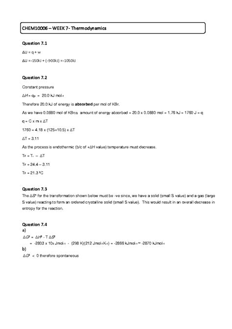 Week 7 Tutorial Solutions ChemϭϬϬϬς Week ϳ TheƌŵodyŶaŵics