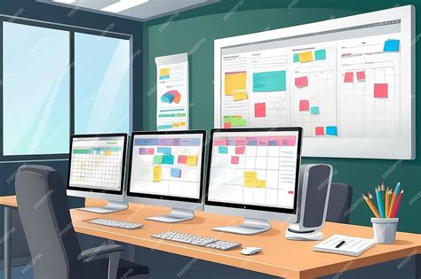 직장에서의 칸반 보드 민한 스크럼 관리 및 팀워크 비즈니스 계획을 위한 터 일러스트레이션 사무실 테이블에 있는 만화 컴퓨터