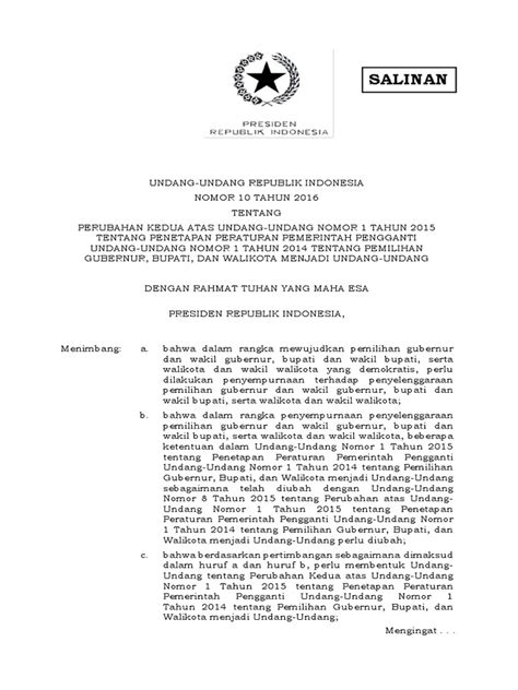 Uu No 102016 Pemilihan Kepala Daerah Pdf