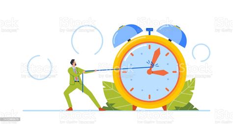작은 비즈니스 남자는 거대한 알람 시계의 화살표를 당기고 남성 캐릭터는 시간을 멈추거나 뒤로 가려고 일하기 위해 서두르고 마감일 대형에 대한 스톡 벡터 아트 및 기타 이미지