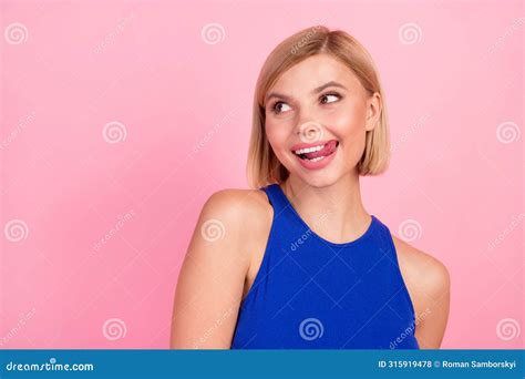 Portrait Of Nice Girl Lick Lips Look Empty Space Wear Blue Top Isolated