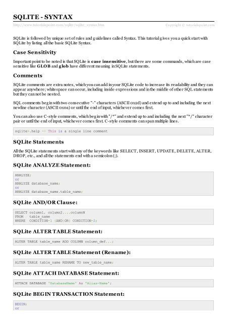 Sqlite Syntax Tutorials Point