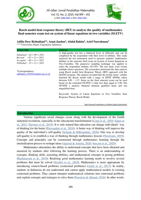 Pdf Rasch Model Item Response Theory Irt To Analyze The Quality Of Mathematics Final