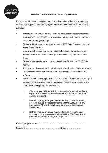 Example Consent Form Interviews In The Workplace Uk Data Archive