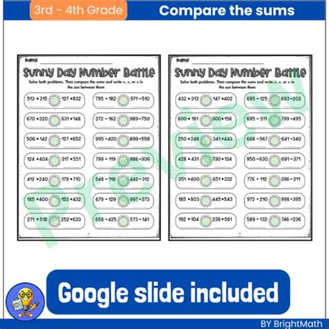 3rd Grade Compare The Sums 3 Digit Addition And Subtraction Summer