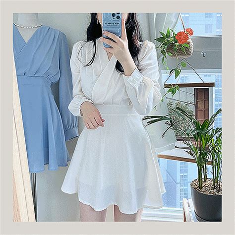 봄 로맨틱 무드타임 브이넥 허리밴딩 플레어 미니원피스ops 에이블리