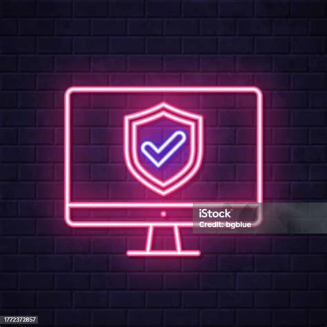 보안 데스크톱 컴퓨터 벽돌 벽 배경에 빛나는 네온 아이콘 개념에 대한 스톡 벡터 아트 및 기타 이미지 개념 검증 경호 Istock
