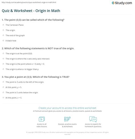 Quiz And Worksheet Origin In Math