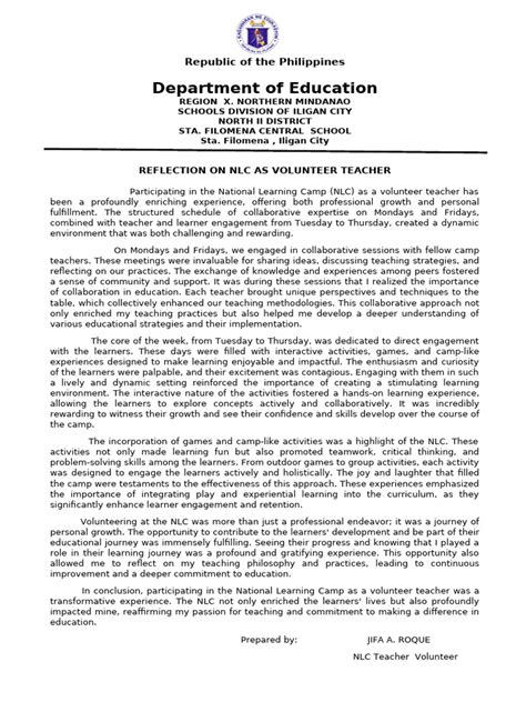 Nlc Teacher S Reflection Pdf Learning Teachers