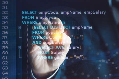 시스템 분석가 또는 sql 코드를 코딩하는 사업가 데이터베이스에서 데이터를 쿼리하는 sql 코드의 예제입니다 교육 강좌에 대한