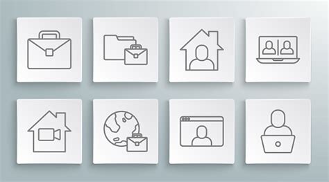 집에서 회선 비디오 카메라 끄기 온라인 작업 채팅 회의 프리랜서 및 서류 가방 아이콘을 설정합니다 벡터 Brand Name Online Messaging Platform에