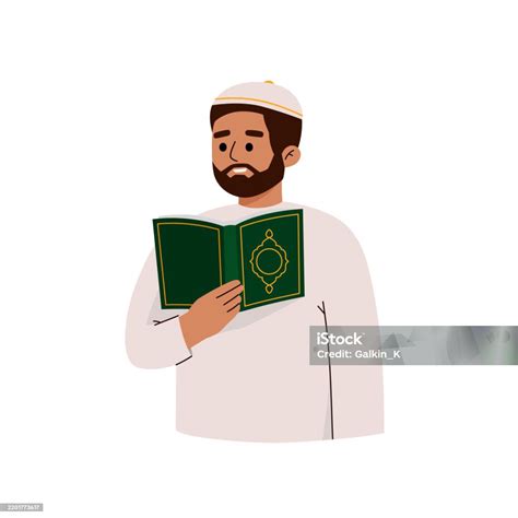 무슬림 남자기도하고 코란을 읽습니다 이드 알 아드하 축제 전통적인 무슬림 휴일 라마단 무바라크 축하 행사 책에서 이슬람과 예언자 무함마드의 계명을 공부합니다 Eid Al