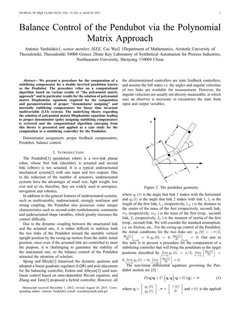 Pdf Balance Control Of The Pendubot Via The Polynomial Matrix Approach