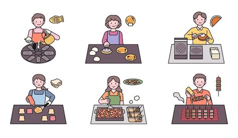 한국 길거리 음식 붕어빵 굽는 사람 프리미엄 벡터