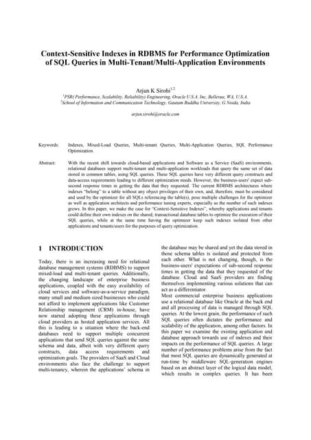 Context Sensitive Indexes For Performance Optimization Of Sql Queries