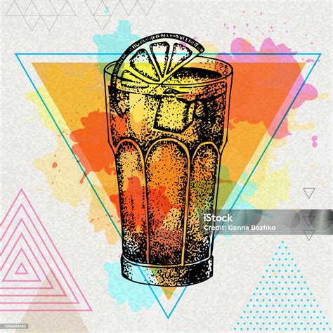 예술적인 다각형 수채화 배경에 힙스터 칵테일 긴 섬 그림 고풍스런에 대한 스톡 벡터 아트 및 기타 이미지 고풍스런 기하