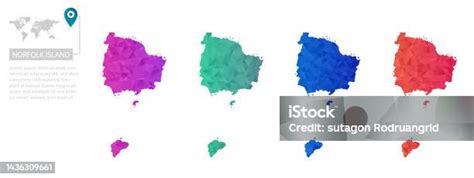 벡터 다각형 노퍽 섬 지도 세트입니다 낮은 폴리 스타일의 국가의 밝은 그라데이션 지도 인포그래픽을 위한 기하학적 스타일의 여러