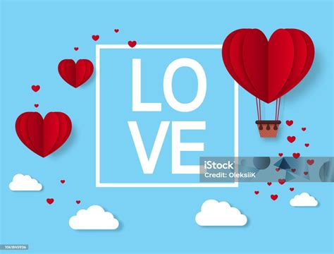 사랑 해요 발렌타인 데이 인사말 카드 종이 잘라 마음 심장 뜨거운 공기 풍선입니다 벡터 발렌타인 카드에 대한 스톡 벡터 아트 및 기타 이미지 Istock