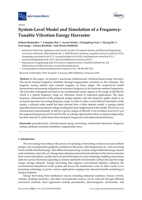 Pdf System Level Model And Simulation Of A Frequency Tunable Vibration Energy Harvester