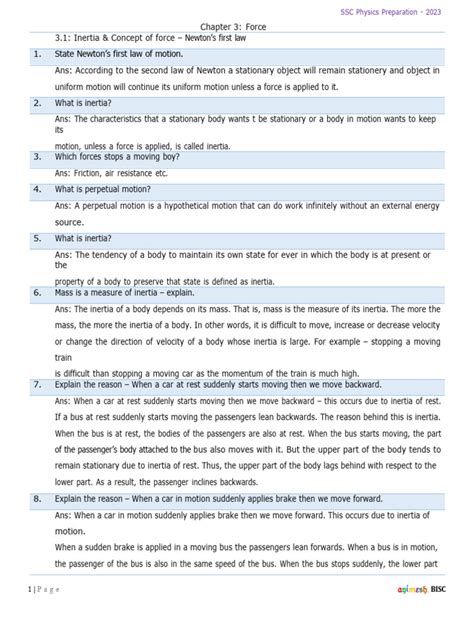 Short Questions For A And B Chapter 3 Force Pdf Force Atomic