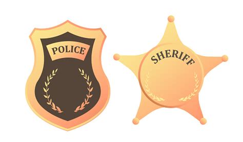 경찰과 보안관의 벡터 배지는 투명한 배경에 월계관과 금색과 갈색 톤으로 되어 있으며 법 집행 및 권위의 개념입니다 경찰 배지에 대한 스톡 벡터 아트 및 기타 이미지 Istock