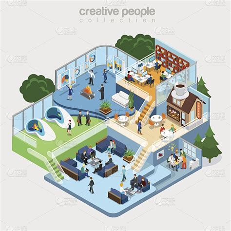 平面等距现代办公室内，商务人士工作矢量插图。三维等距经营理念。餐厅，健身，会议室，团队头脑风暴，分析素材 花瓣网