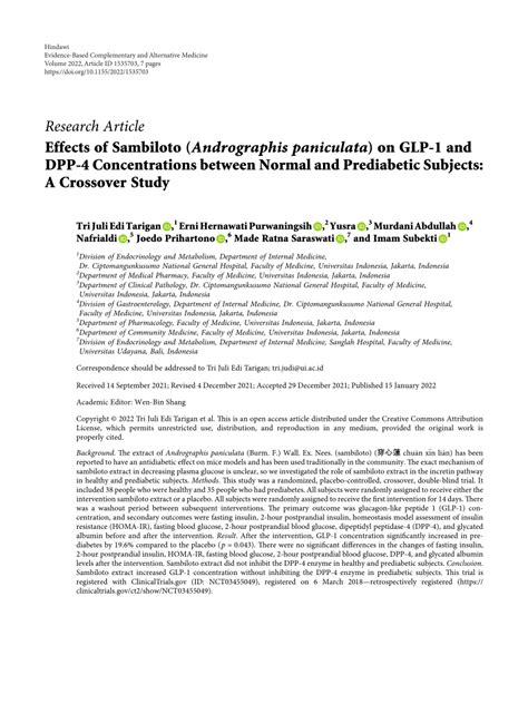 Pdf Effects Of Sambiloto Andrographis Paniculata On Glp 1 And Dpp 4 Concentrations Between