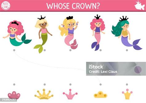 바다 공주와 인어 그림자 매칭 활동 귀여운 소녀와 동화 바다 왕국 퍼즐 올바른 실루엣 인쇄 가능한 워크시트 게임을 찾으십시오 아이들을 위한 해양 페이지 크라운이 빠진 곳