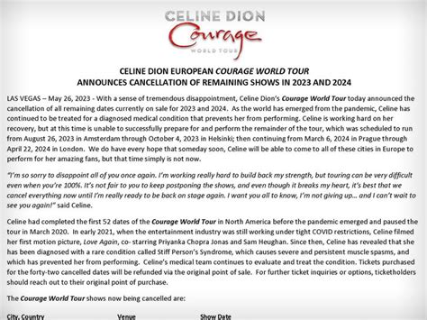 Celine Dion Cancels World Tour Due To Neurological Disorder