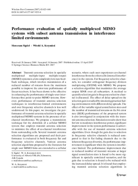 Pdf Performance Evaluation Of Spatially Multiplexed Mimo Systems With Subset Antenna