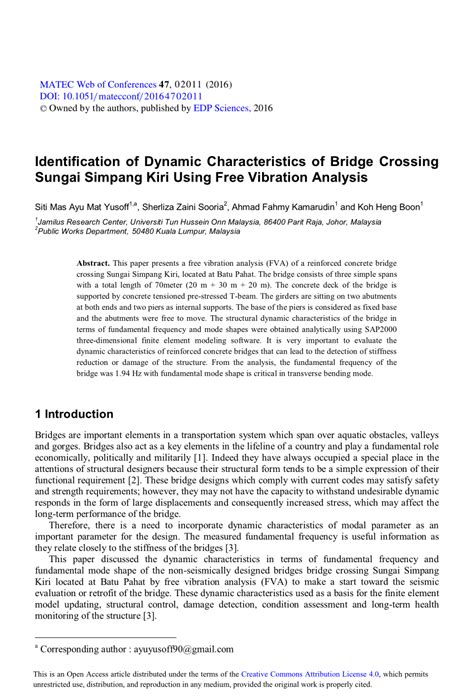 PDF Identification Of Dynamic Characteristics Of Bridge Crossing Sungai Simpang Kiri Using
