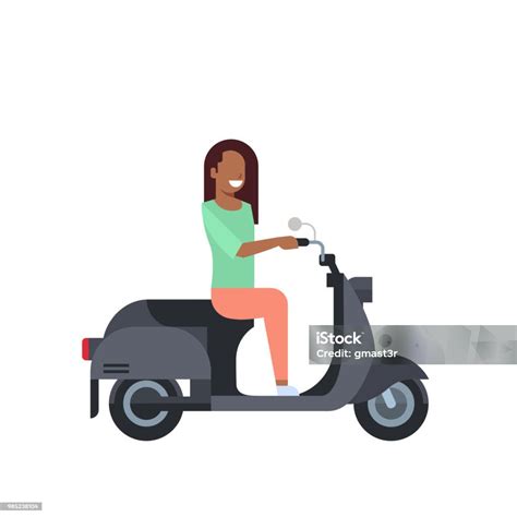 아프리카 여자 흰색 배경 위에 전기 스쿠터를 타고입니다 오토바이 개념 만화 전체 길이 문자입니다 평면 스타일 건강한 생활방식에 대한 스톡 벡터 아트 및 기타 이미지 Istock