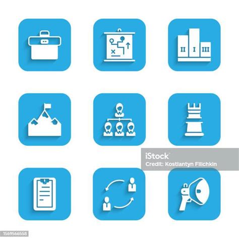 계층 구조 조직도 차트 인적 자원 확성기 비즈니스 전략 체크리스트가 있는 클립보드 산 깃발 우승자 연단 및 서류 가방 아이콘에