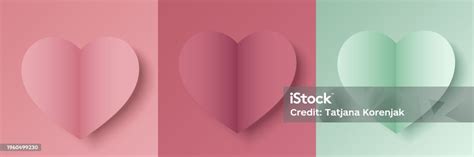 파스텔 핑크와 민트 그린 페이퍼 컷 3d 하트 모양 세트 3차원 형태에 대한 스톡 벡터 아트 및 기타 이미지 3차원 형태
